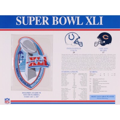 SUPER BOWL XLI PATCH INDIANAPOLIS COLTS CHICAGO BEARS WILLABEE & WARD ...