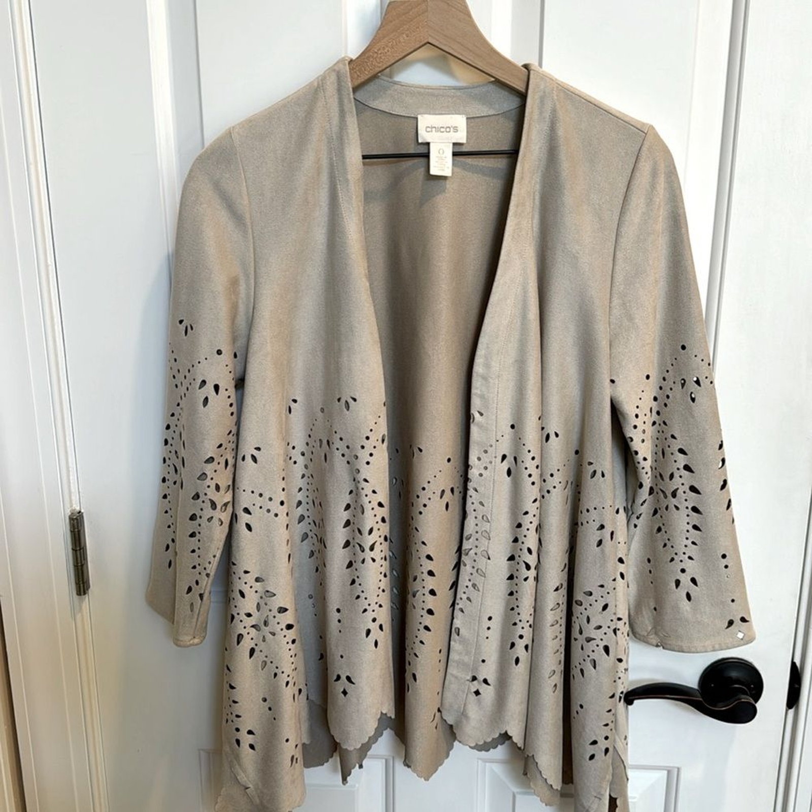 Chicos Sand Faux Suede Drape Open Front Jacket Perforated Laser Cutwork ...