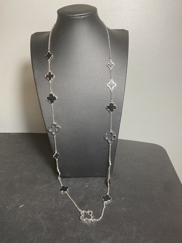 Silver Four-Leaf Clover Chain Necklace With Black Accents | eBay