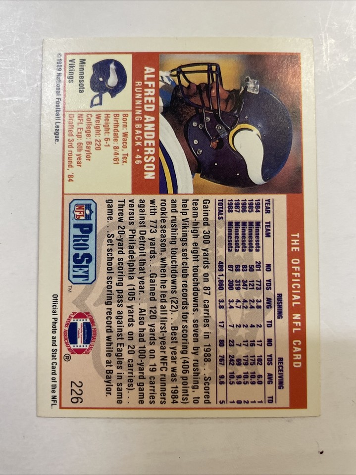 1989 NFL Pro Set Alfred Anderson Autographed Card #226 Minnesota ...