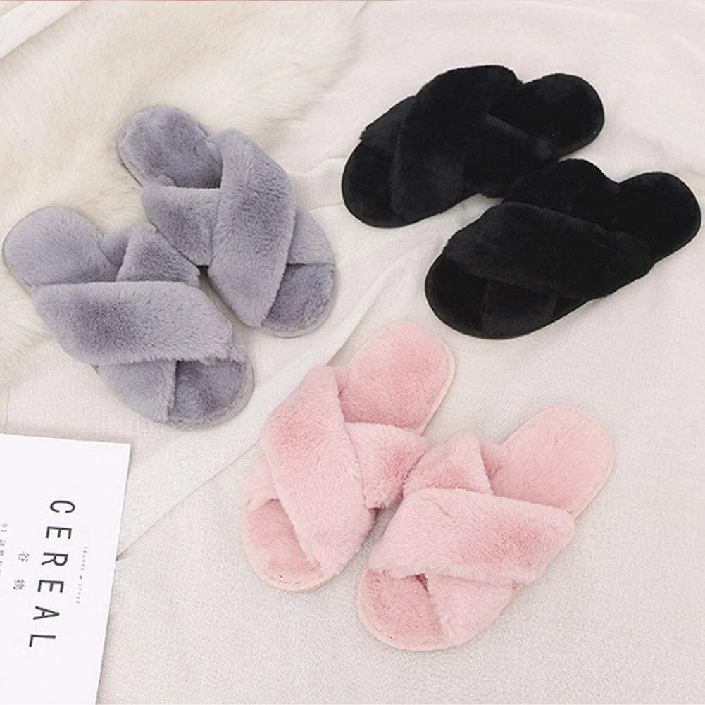 Faux Fur Cross Over Slippers Charcoal, 58% OFF
