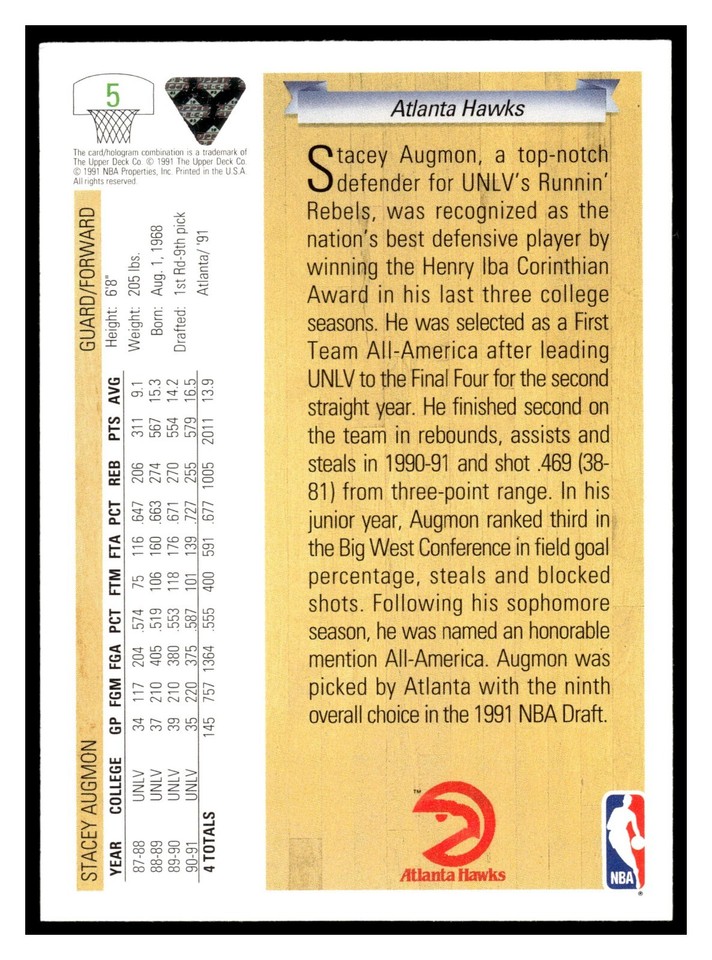 1991-92 Upper Deck Stacey Augmon #5 Atlanta Hawks | eBay