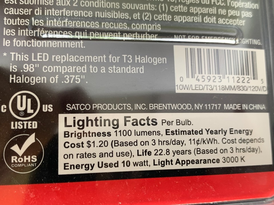 Lot of 3 Satco T3 J-Type LED Double-Ended Bulbs – 10W / 100W Halogen ...