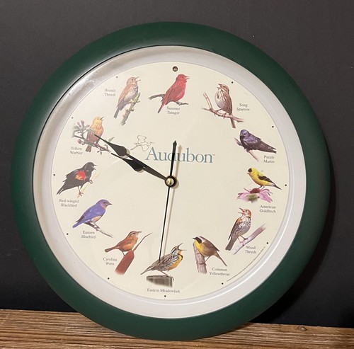 National Audubon Society Quartz Singing Bird Analog Wall Clock Green 13 ...