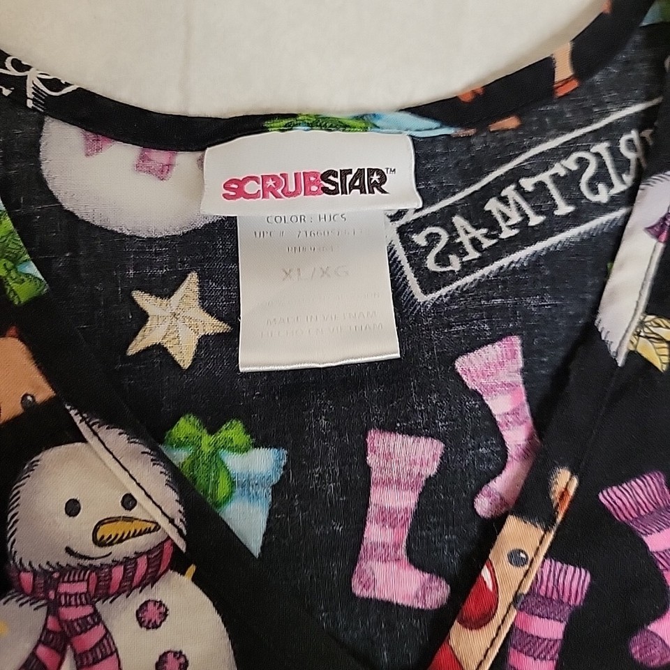 Womens Scrub Star Top XL Black Merry Christmas Reindeer Snowman Pockets ...
