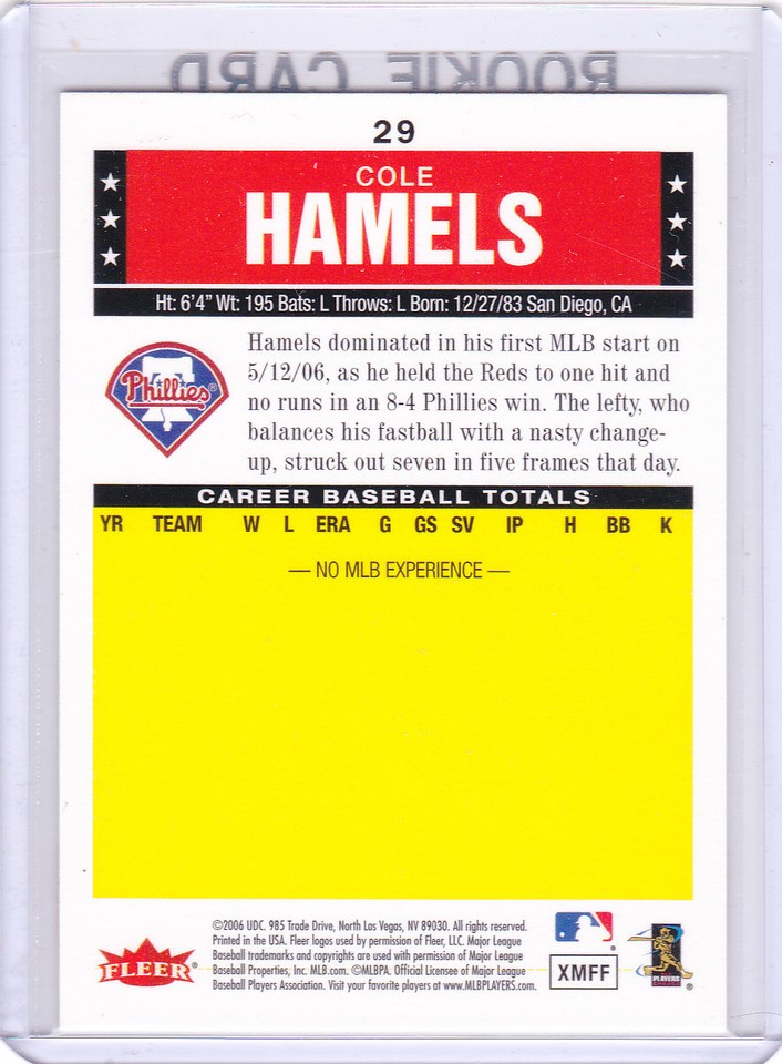 COLE HAMELS ROOKIE CARD 2006 Fleer Tradition Philadelphia PHILLIES MLB ...