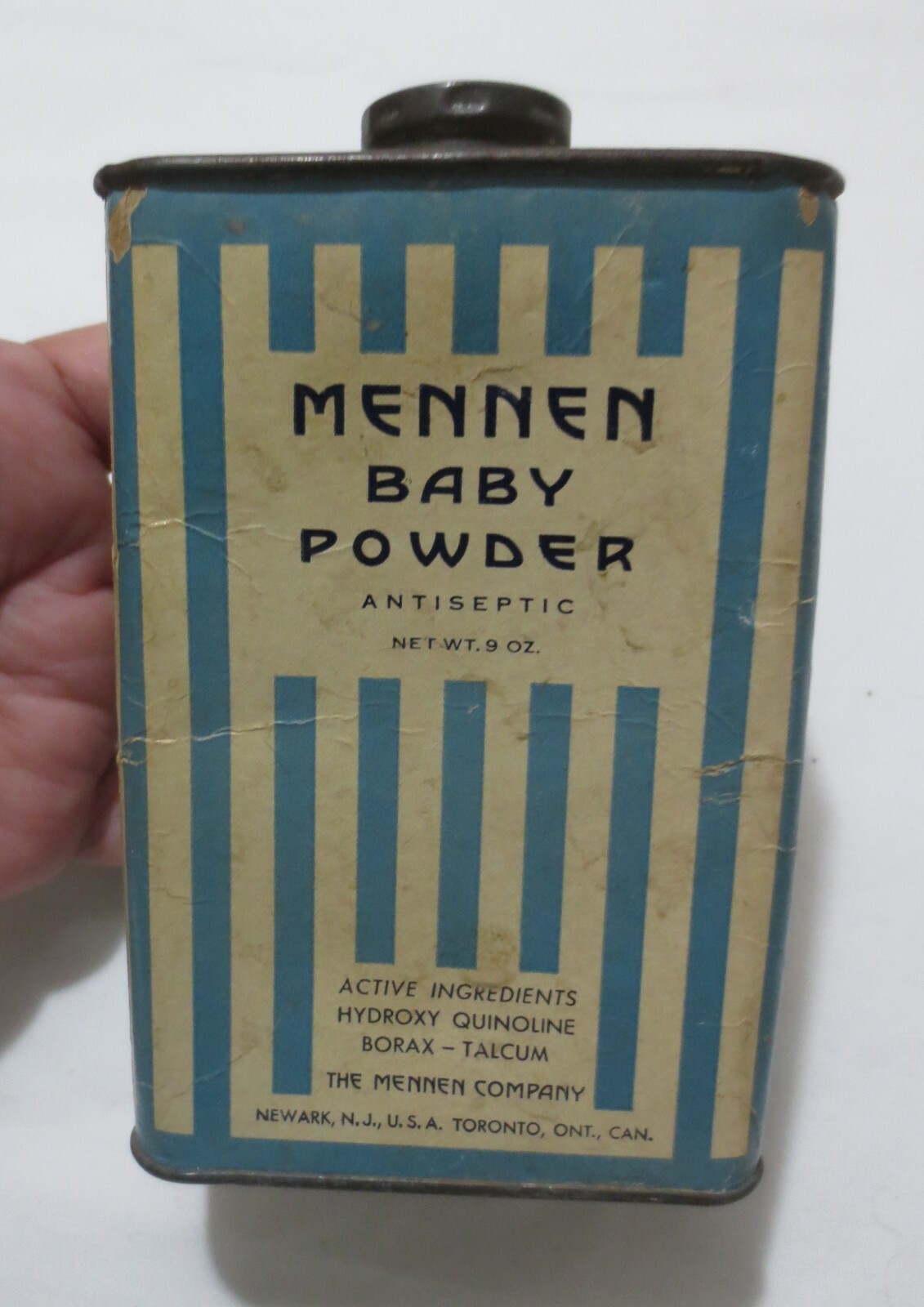 Vintage MENNEN baby powder Antiseptic Blue & White 9. oz Tin/Cardboard ...