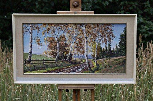 Summer landscape with birches, oil on canvas painting, signed H.Homuth ...