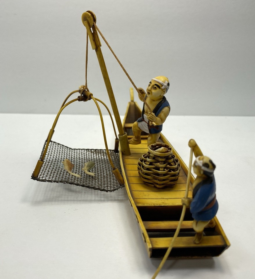 Rare Vintage Japanese Celluloid Fishermen in Boat Netted Fish Basket ...
