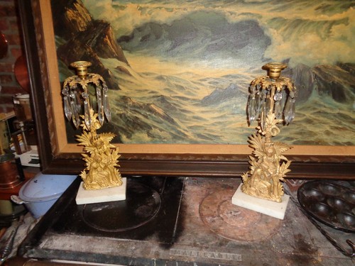 Pr Antique GIRANDOLES 19th C. Fire gilt Brass with Prisms:15 1/2 tall ...