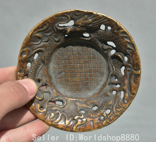 3.8" ancient China Chinese Bronze hollow Dragon pallet small tray Bowl ...
