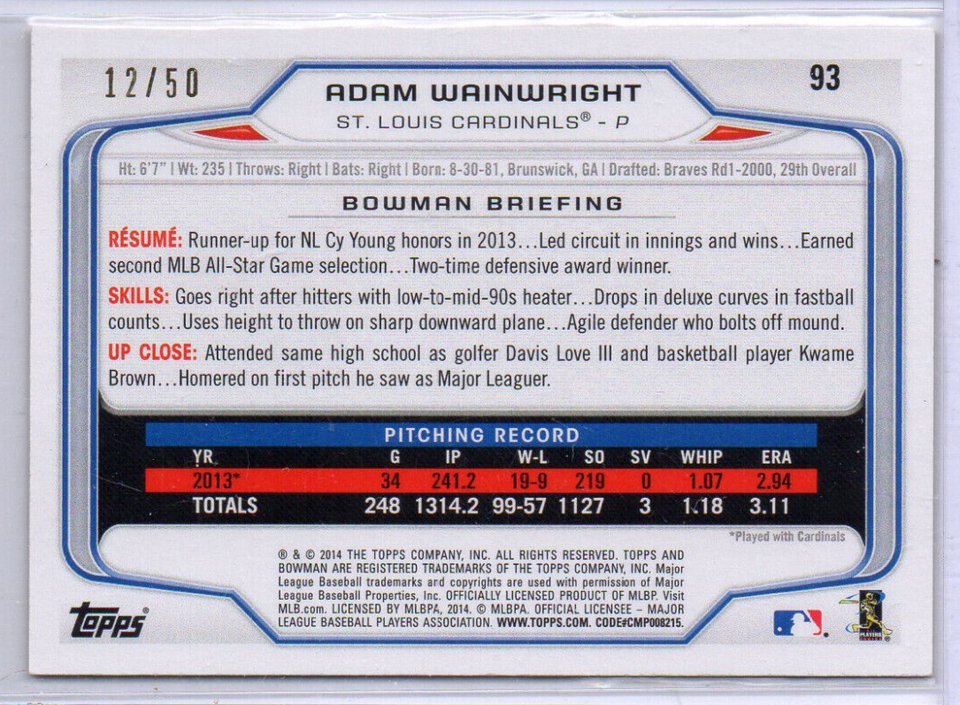 2014 Bowman Gold /50 Adam Wainwright #93, St. Louis Cardinals | eBay