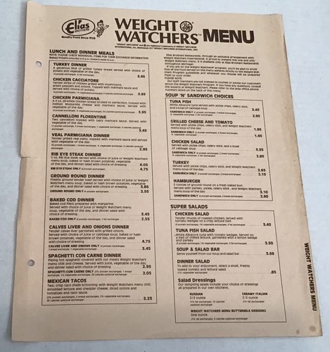 Special Elias Bros/Weight Watchers Big Boy Menu- 2 sided., 1981. | eBay