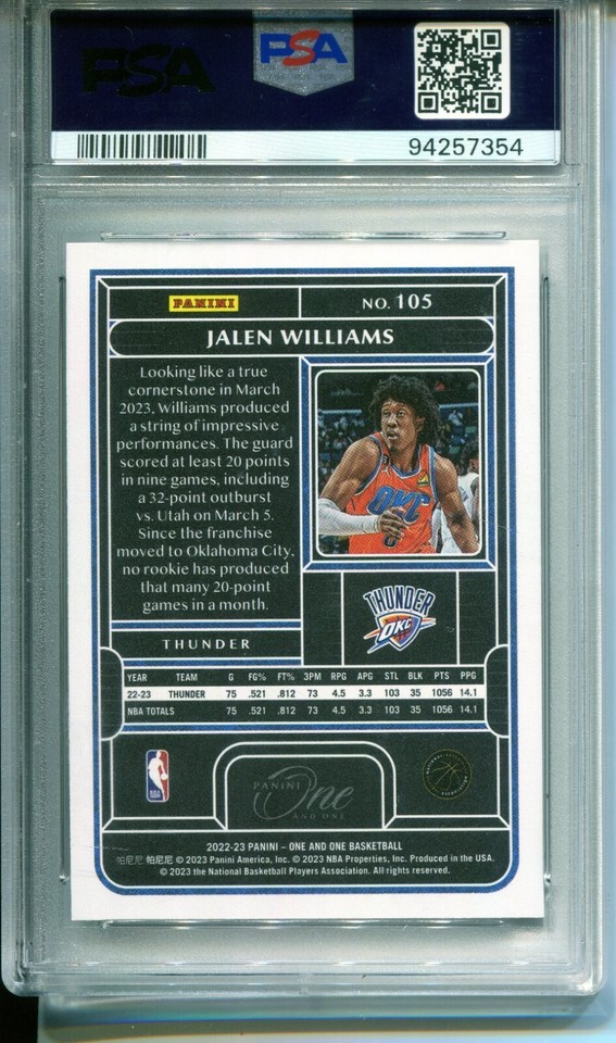 2022-23 PANINI ONE AND ONE BASKETBALL CARD JALEN WILLIAMS ROOKIE CARD ...