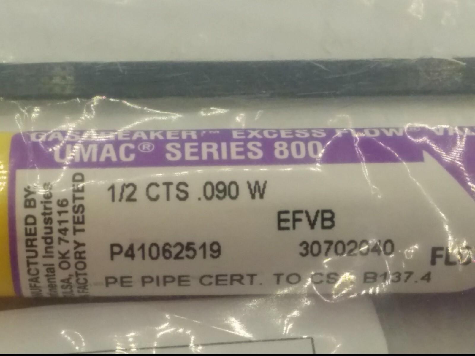 UMAC HUBBELL P41 EXCESS FLOW VALVE, SERIES 800, 1/2" CTS .090 x 12" LG ...
