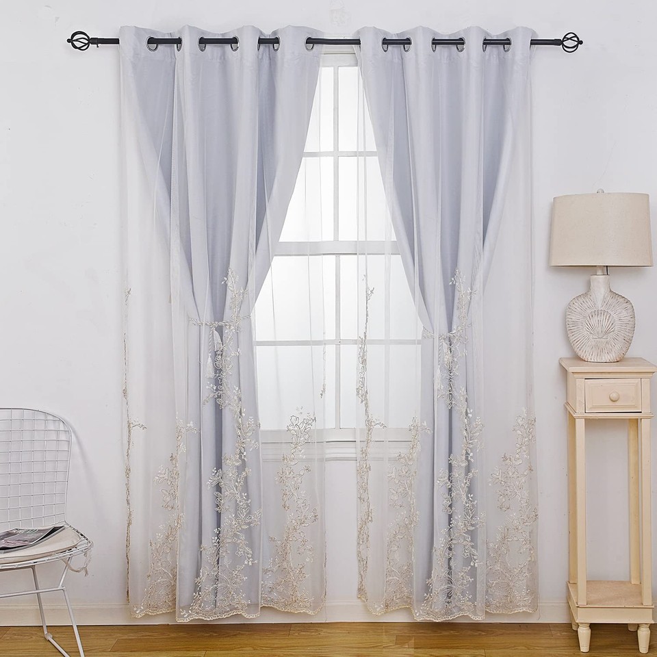 Embroiered Sheer Voile Overlay Solid Curtains, Double Layer Room ...