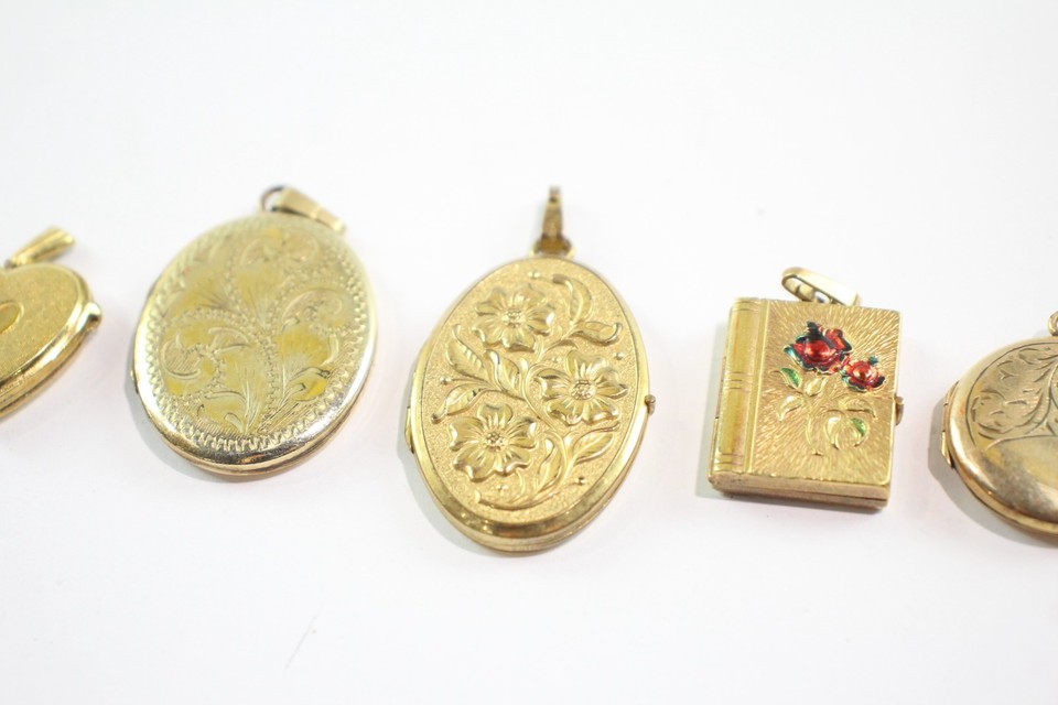 Rolled Gold Locket Pendants Mid Century Etched Heart Enamel Floral Oval ...