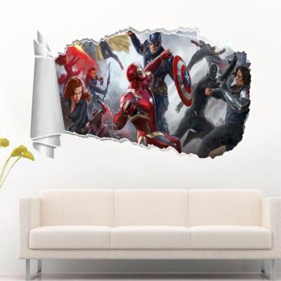 Captain America Iron Man Civil War 3D Torn Hole Ripped Wall Sticker ...