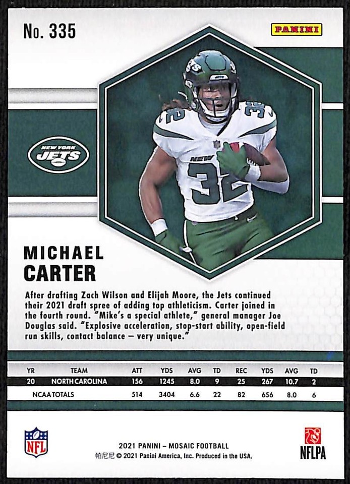 2021Panini Mosaic Michael Carter #335 Rookie New York Jets Football ...