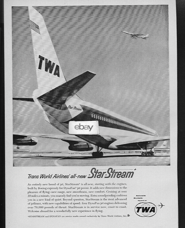 TWA TRANS WORLD AIRLINES BOEING 707 STARSTREAM JETS WITH DYNA FAN 1962 ...