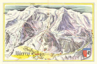 Mürren ski resort piste/trail map by Otto Müller. Switzerland 1949 old ...