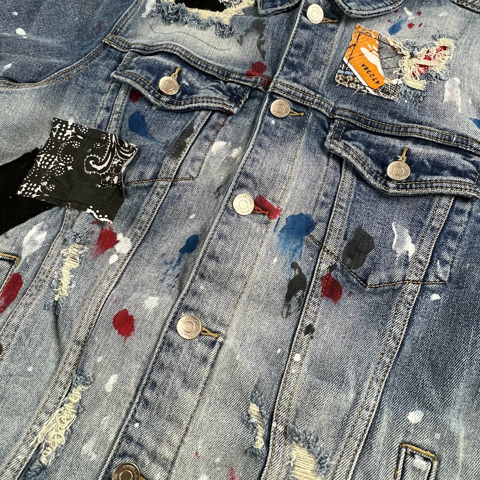 Embellish Unisex Rebel Denim Jacket Blue Patchwork Size XL New ...