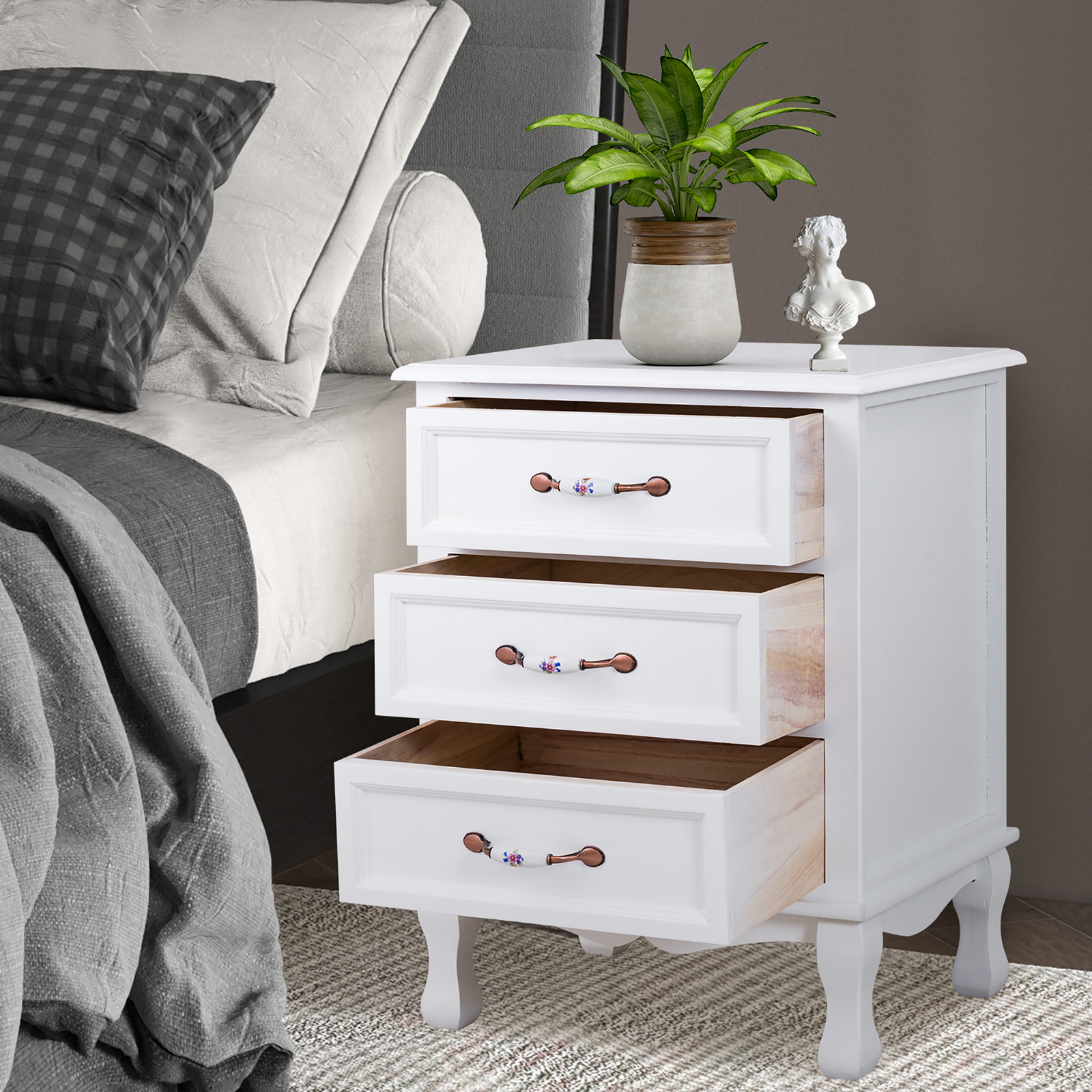 2PCS 3 Drawers Nightstand Storage Wood End Table Side Bedside White | eBay