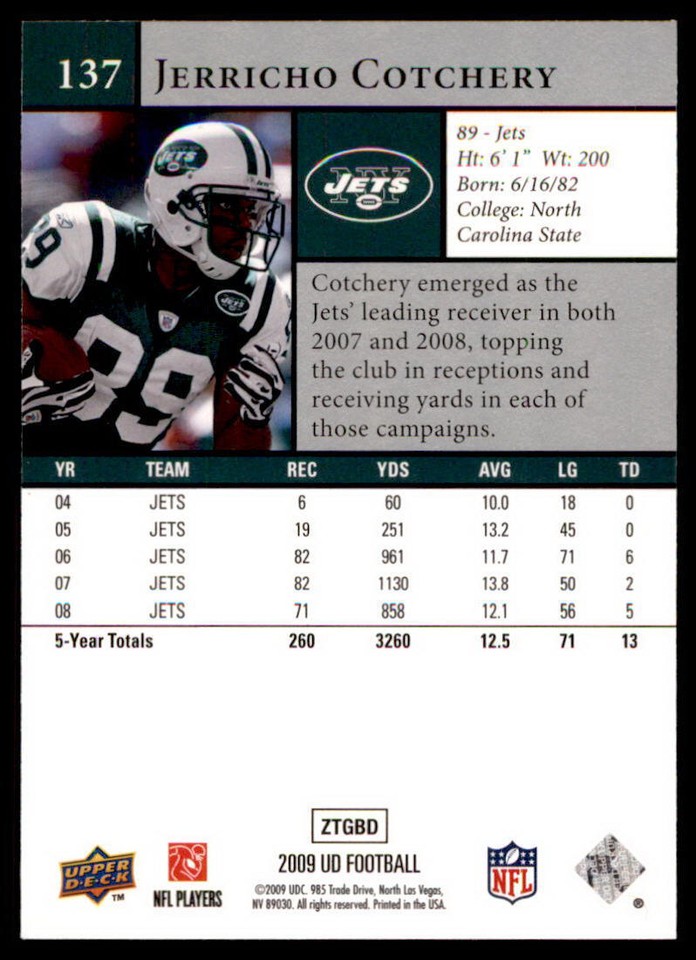 2009 Upper Deck #137 Jerricho Cotchery New York Jets | eBay