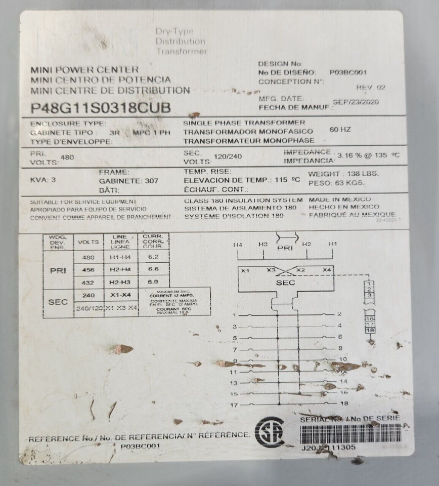 😎 NEW EATON 3 KVA MINI POWER ZONE 480 HV 120/240 LV 1 PHASE ...