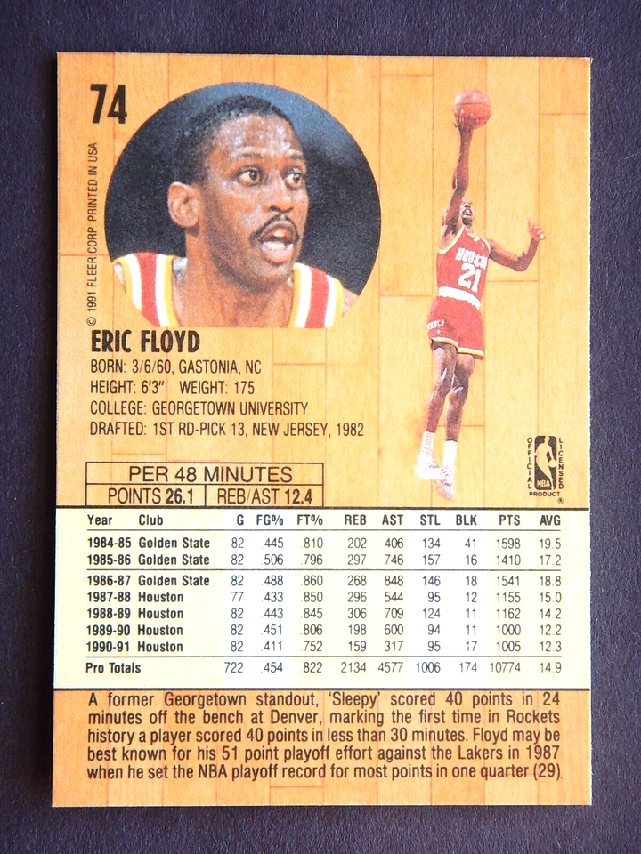 Eric Floyd #74 Fleer 1991 Basketball Card (Houston Rockets) LN | eBay
