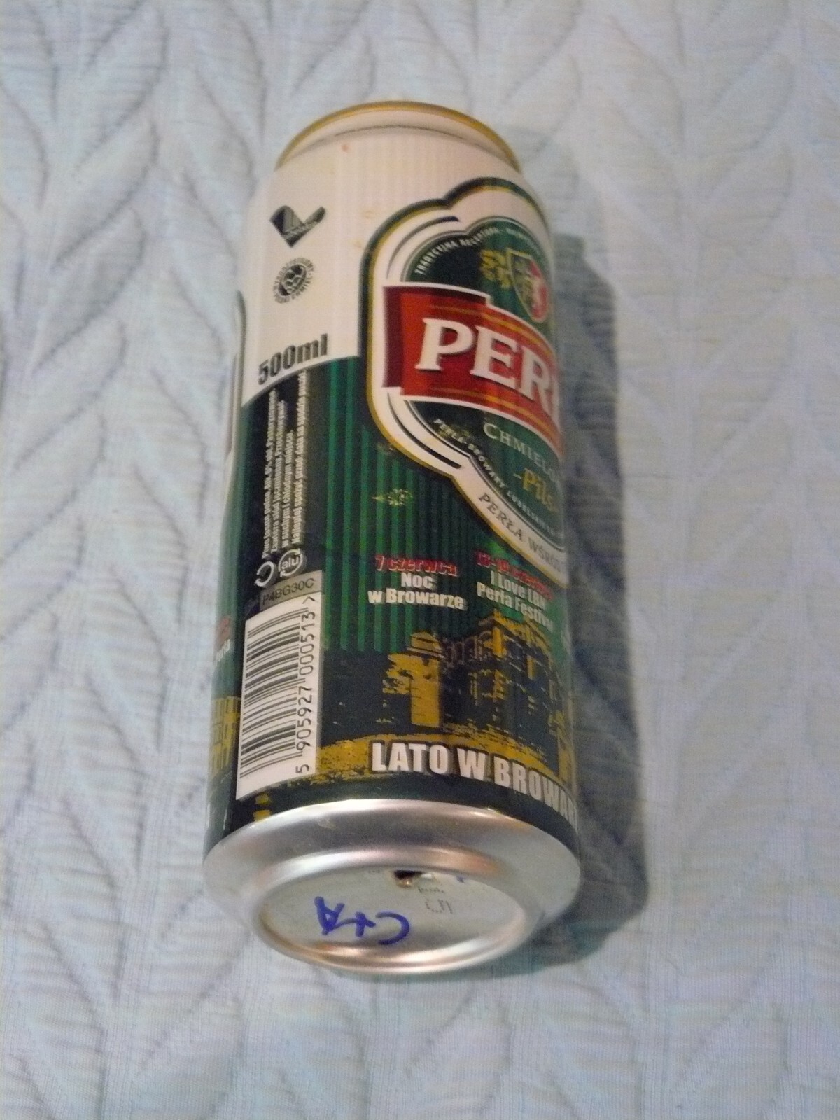 Green/Red PERLA BEER CAN Pull Tab bottom OPEN 500 mL empty ALUMINUM ...