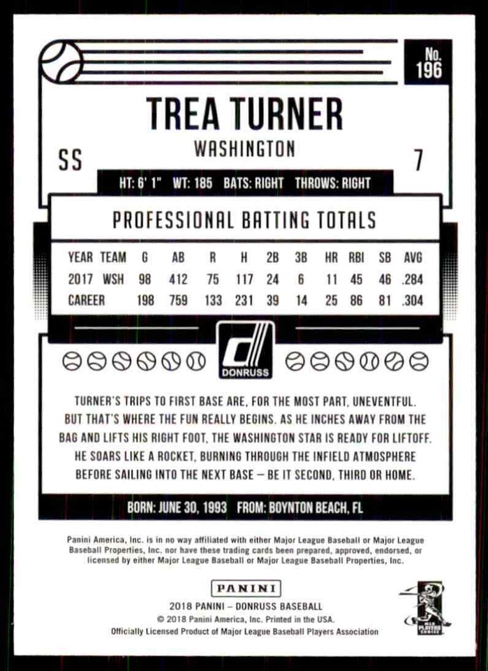 2018 Panini Donruss Teal Paper Trea Turner 193/199 Washington Nationals ...