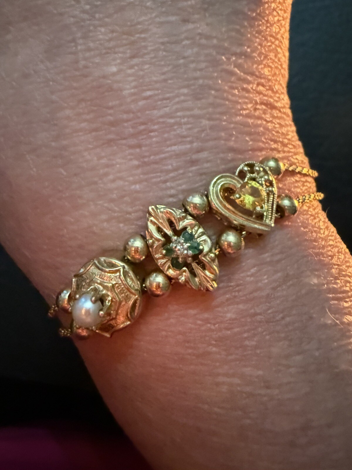 Vintage 14K Slide Bracelet 3 10K Slides Pearl, Emerald, Diamond 14.4 G ...