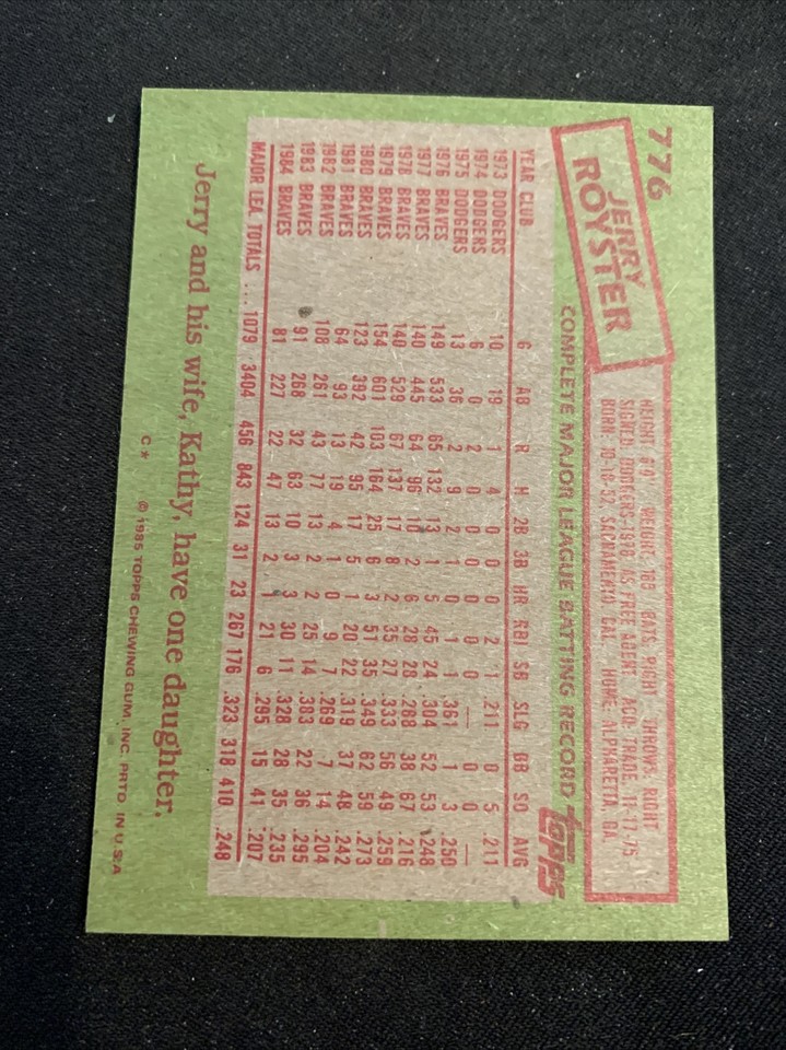 1985 Topps Baseball Card #776 Jerry Royster Atlanta Braves NmMt Free ...