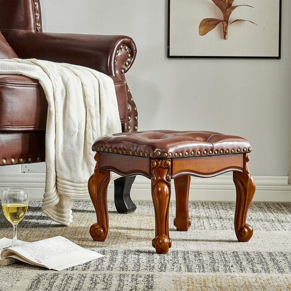 Small Footstool Brown Leather Ottoman, Vintage Carved Upholstered ...