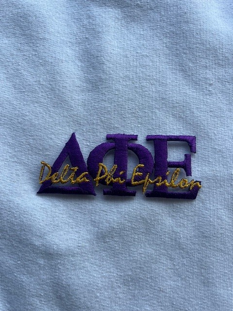 Delta Phi Epsilon White Crewneck w/Embroidered Letters Purple/Yellow sz ...