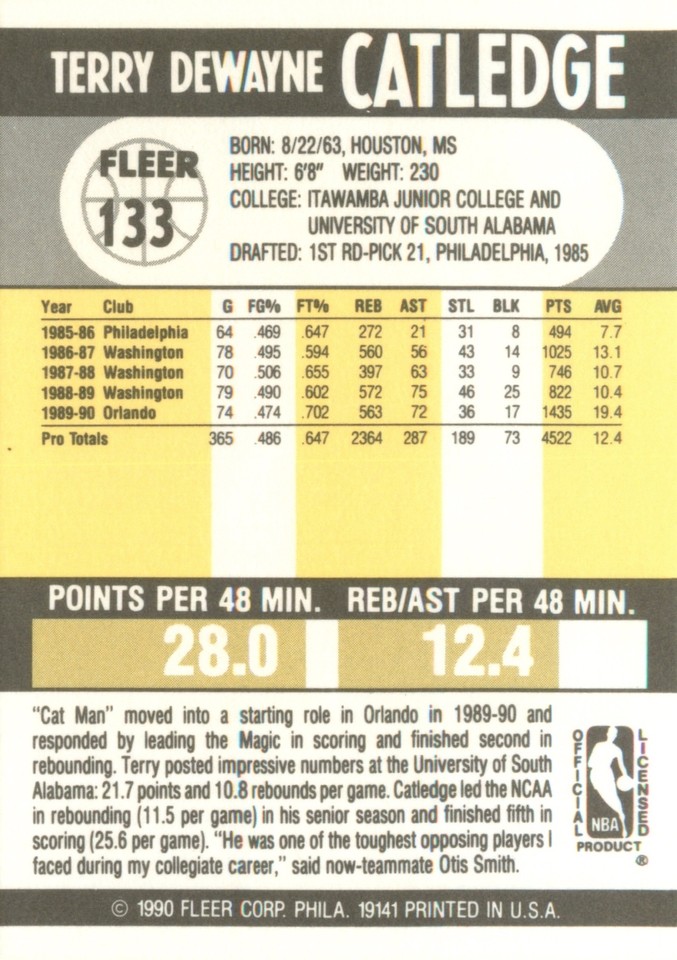 Terry Catledge 1990-91 Fleer Basketball Card #133 Orlando Magic 90s ...