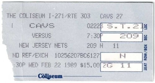 1989 CLEVELAND CAVALIERS vs NEW JERSEY NETS ticket stub 2/22/89 Mark ...
