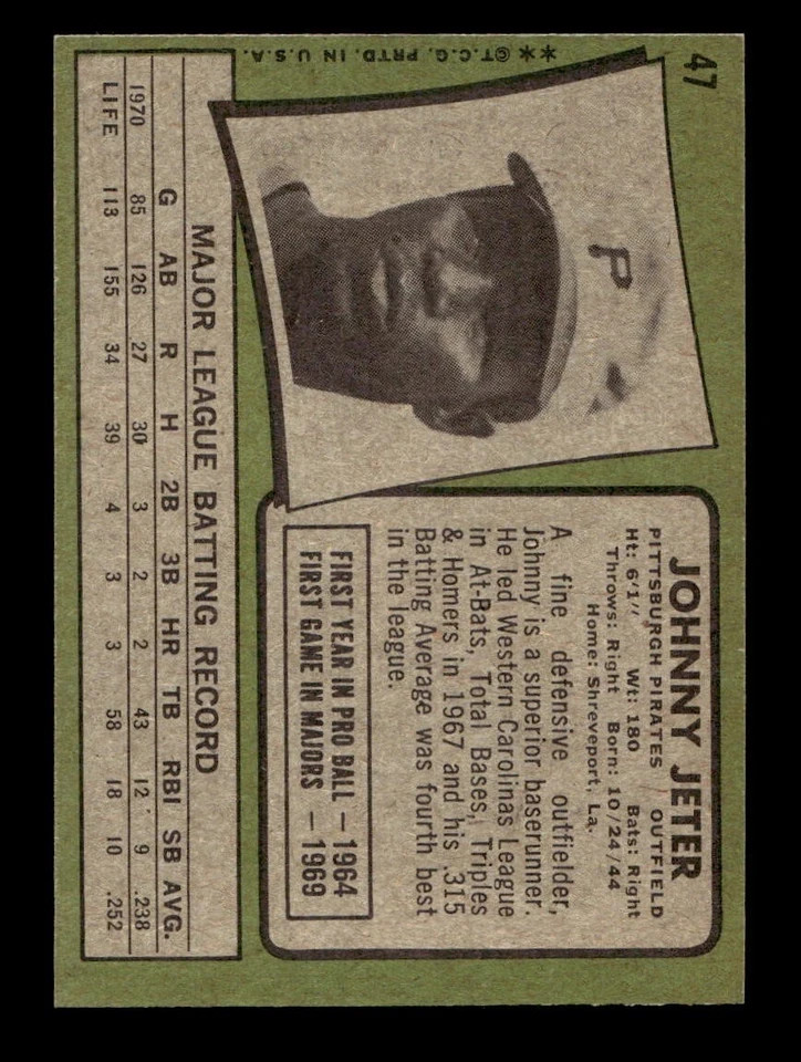 1971 Topps BASEBALL Johnny Jeter Pirates #47 (NM) Pittsburgh Pirates | eBay