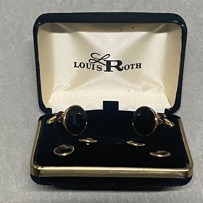 Louis Roth Black & Gold Round Cuff Links & Button Set New | eBay