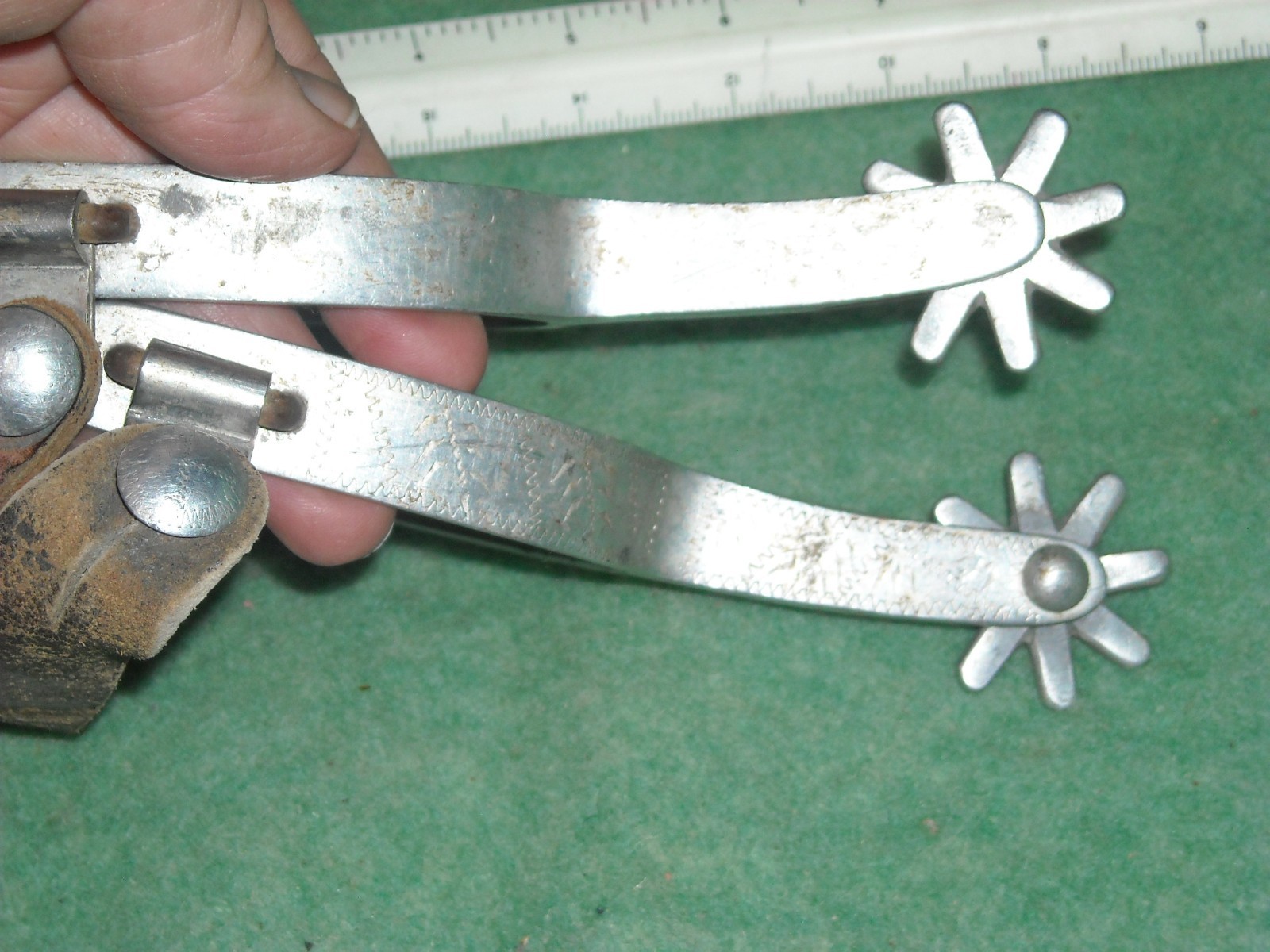 vintage aluminum Crockett spurs heel band button swing arm engraved ...
