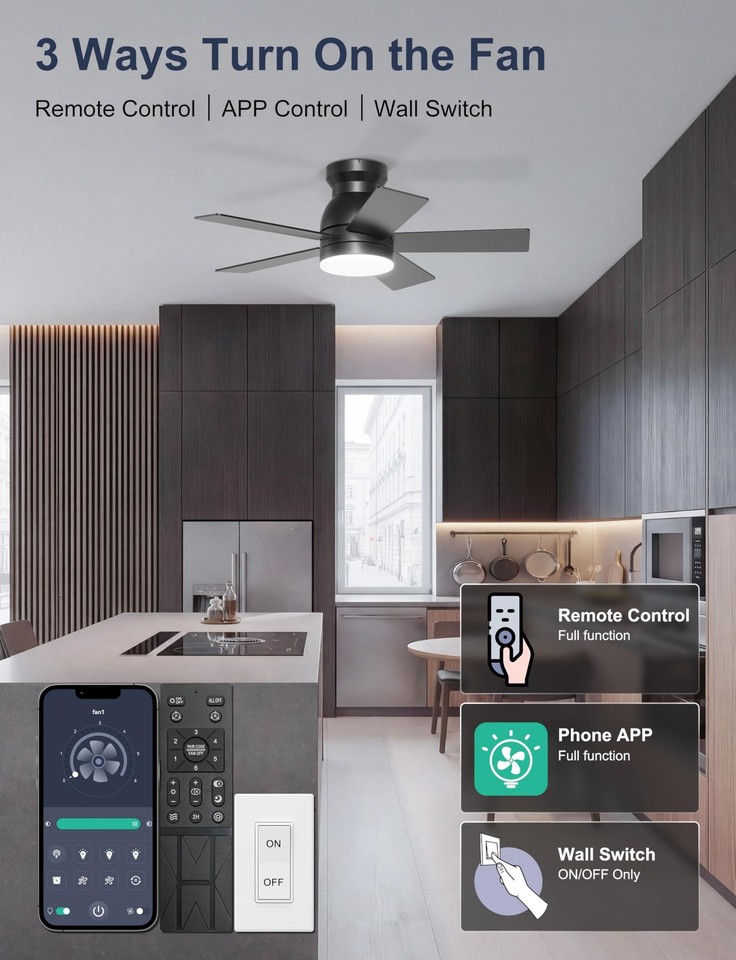 32'' Small Ceiling Fan with Light, Mini Low Profile Flush Mount Fan for ...