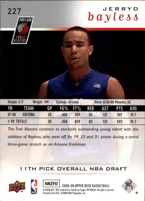 2008-09 Upper Deck Trail Blazers Basketball Card #227 Jerryd Bayless ...