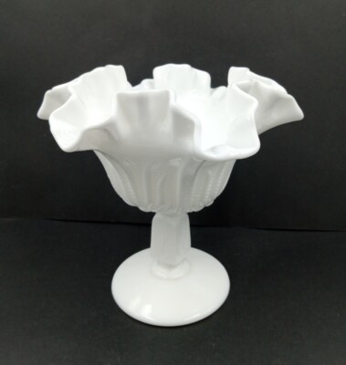 Vintage Fenton Milk Glass Ruffled Cactus Pattern Compote Candy Dish 5. ...