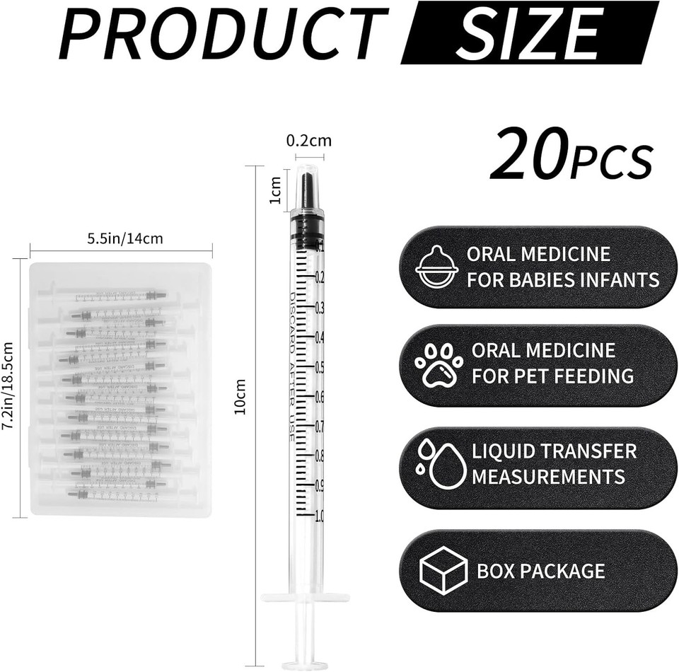 20 Pack 1ml Syringe for Liquid, 1cc Plastic Small Syringes Syringes ...