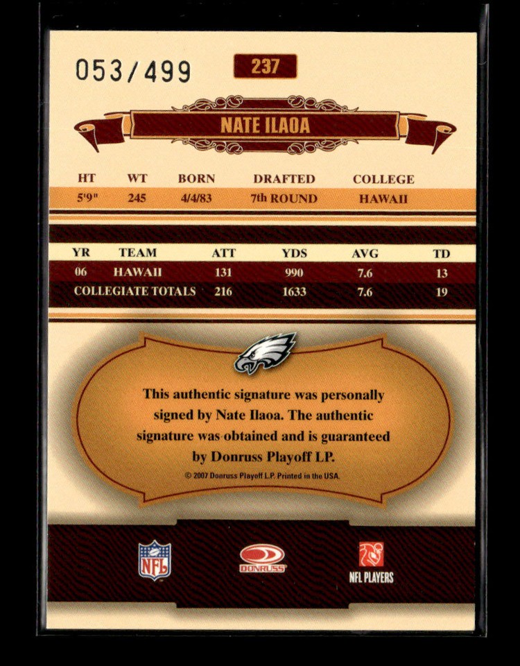 2007 Donruss Classics #237 Nate Ilaoa #/499 RC AUTO | eBay