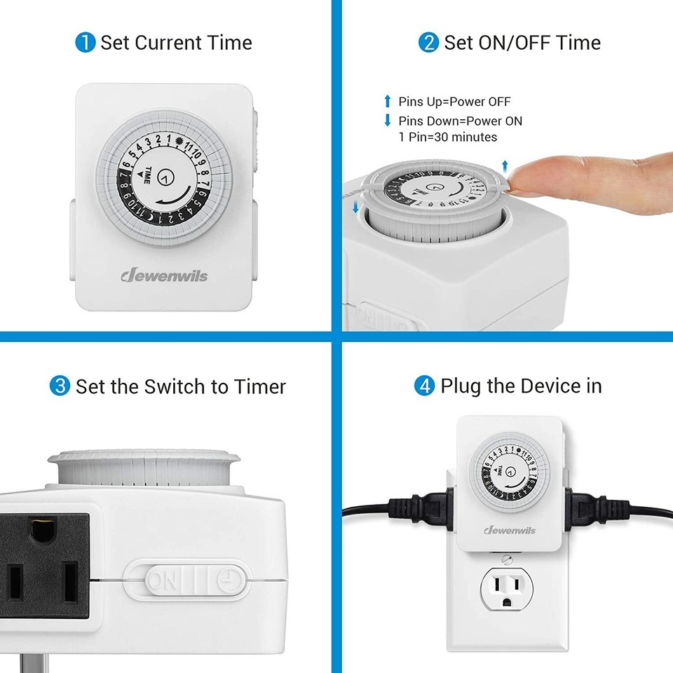 DEWENWILS 2Pcs Indoor 24-Hr Plug In Grounded Daily 2 Outlet Timer Light ...