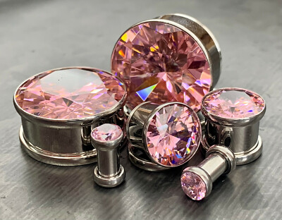 PAIR Large Pink Gem Screw Fit Tunnels Plugs Gauges - select size 6g up ...