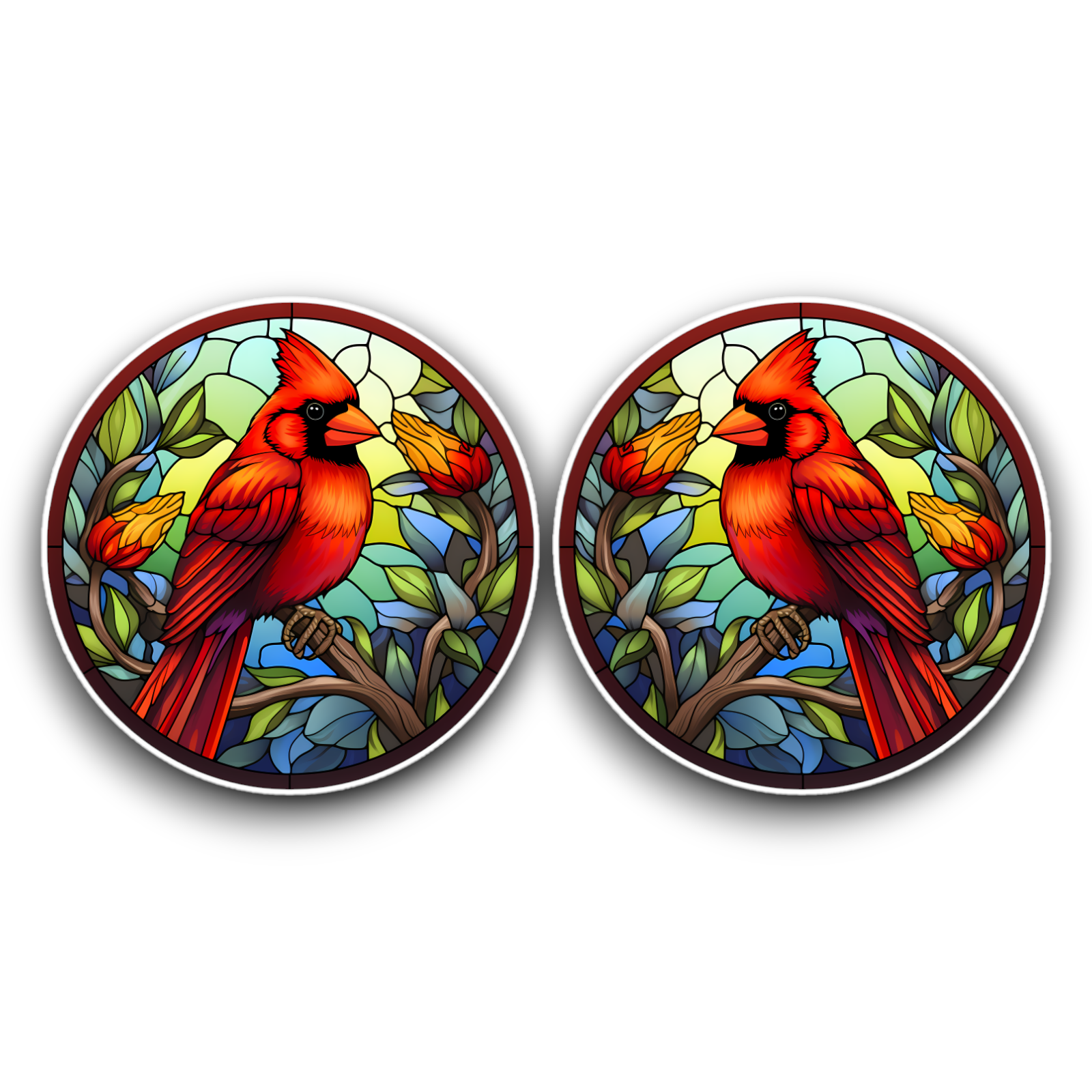 2x Small Red Cardinal Bird Stained Glass Window Opaque Vinyl Sticker ...
