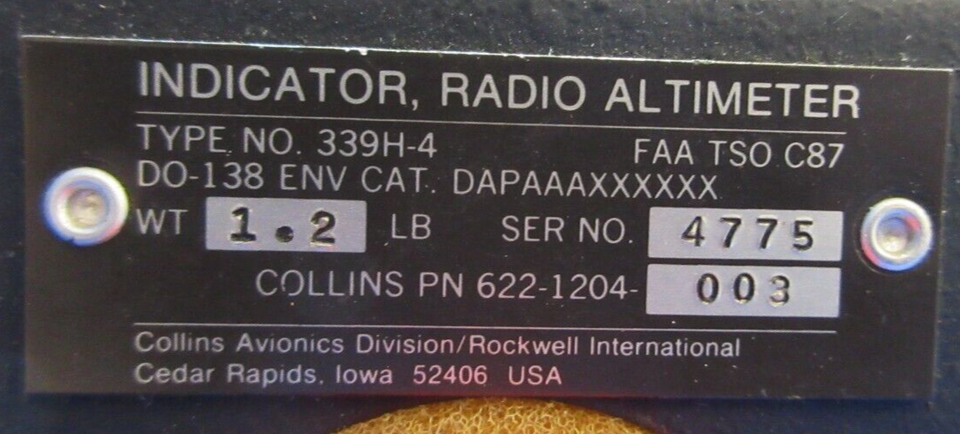 Collins Radio Altimeter Indicator P/N 339H-4, 622-1204-002 CORE (10223 ...